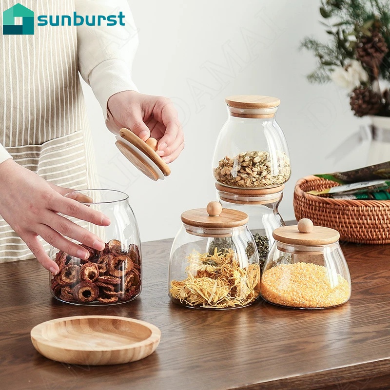 Kitchen Borosilicate Heat-resistant Glass Food Storage Jars With Wooden ...