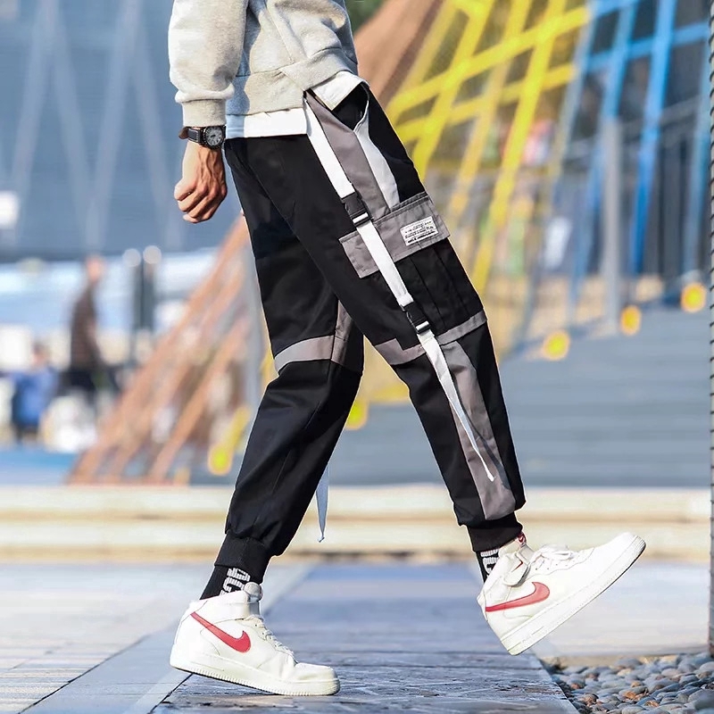 Men Ribbons Color Block Black Pocket Cargo Pants Harem Joggers Harajuku
