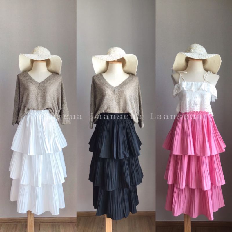 Skirt 3 layer กระโปรง3ชั้นอัดพลีท มี4สี กระโปรงระบายชั้นๆ กระโปรงอัดพลี ...