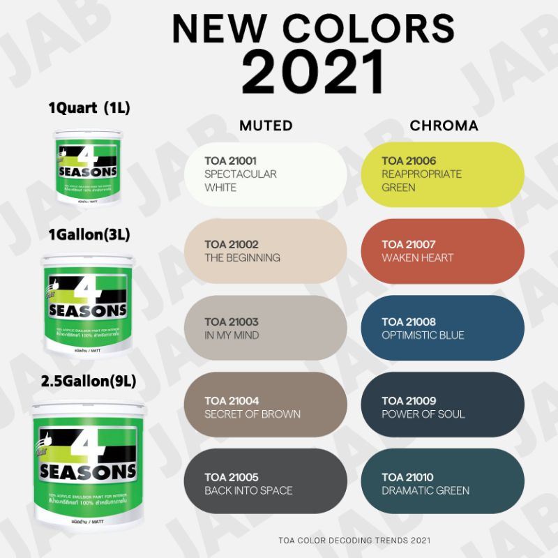 สี TOA 4SEASON NEW COLORS 2021 ขนาด 1Quart (1L) สำหรับภายใน สีน้ำ ...
