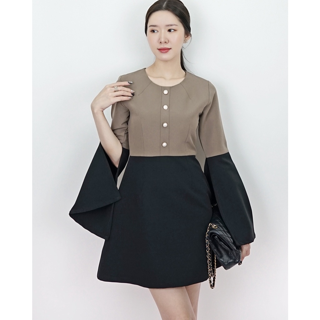 SLYQ MADE COLOURBLOCK SPILT SLEEVE DRESS ชุดเดรสสั้นแขนยาว ผ้าตัดต่อทู ...