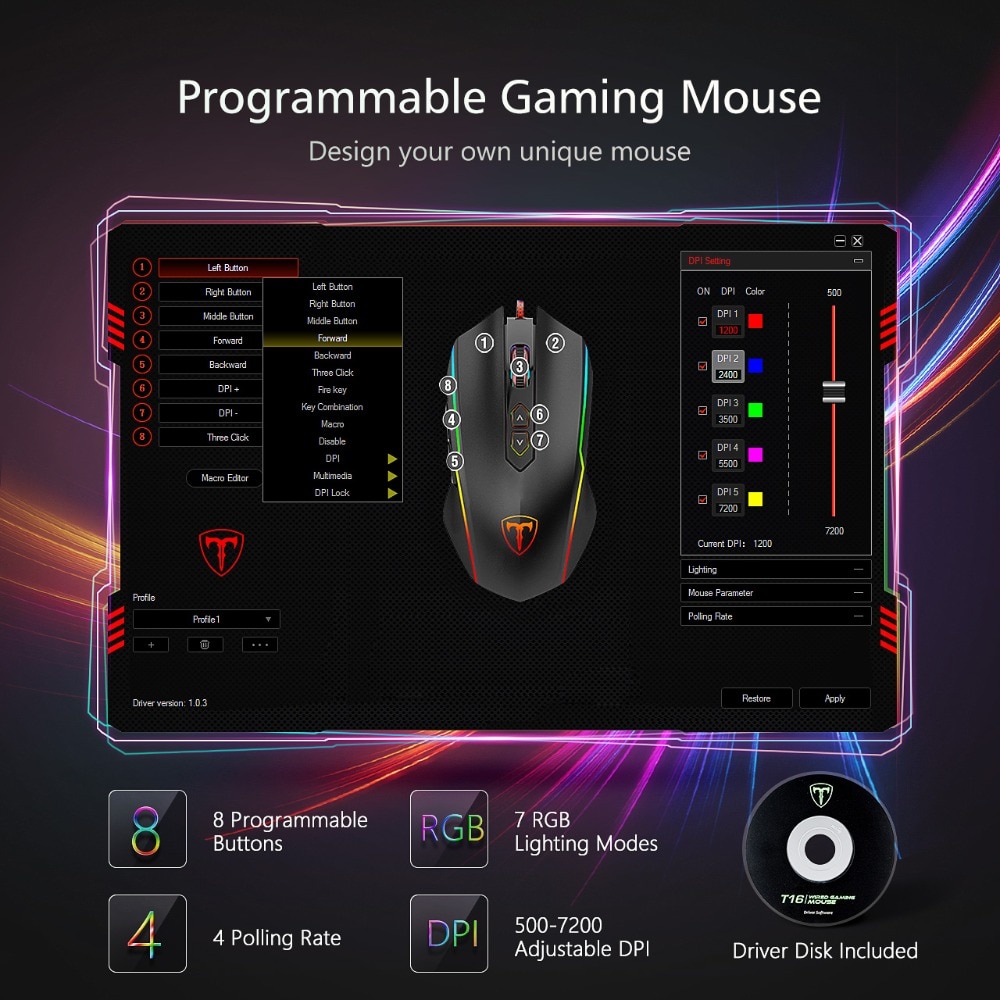 VicTsing T16 Wired Gaming Mouse 8 Programmable Button 7200 DPI USB ...