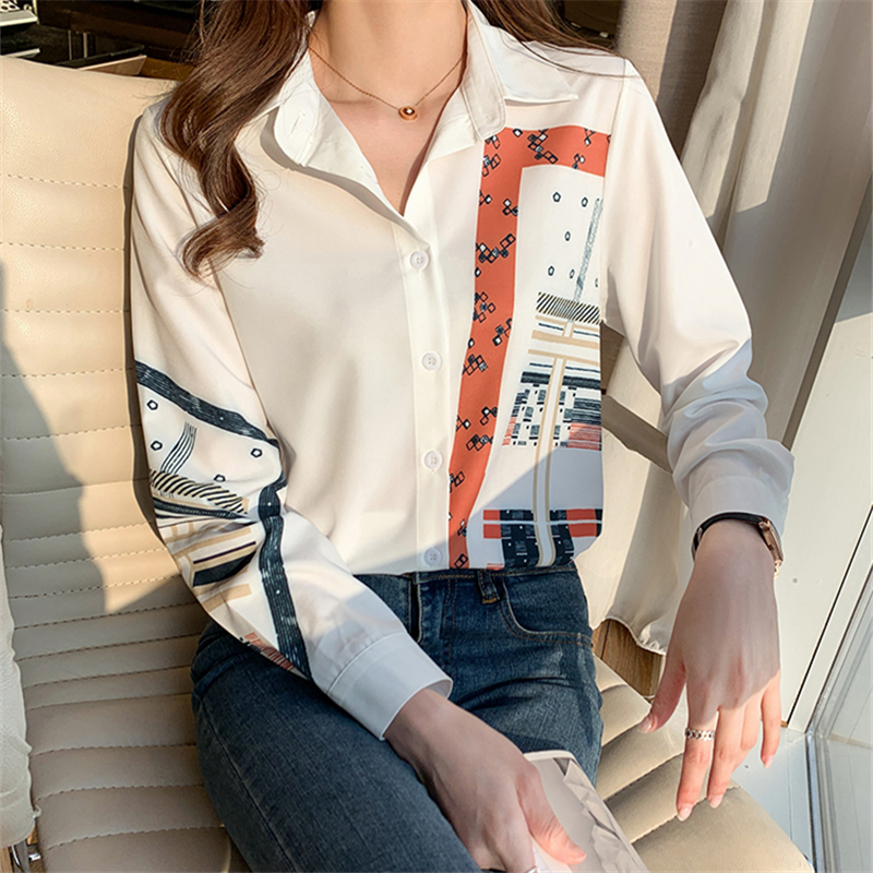เสื้อเชิ้ตแขนยาวผ้าชีฟองพิมพ์ลายแฟชั่นสไตล์เกาหลีสําหรับผู้หญิง ...