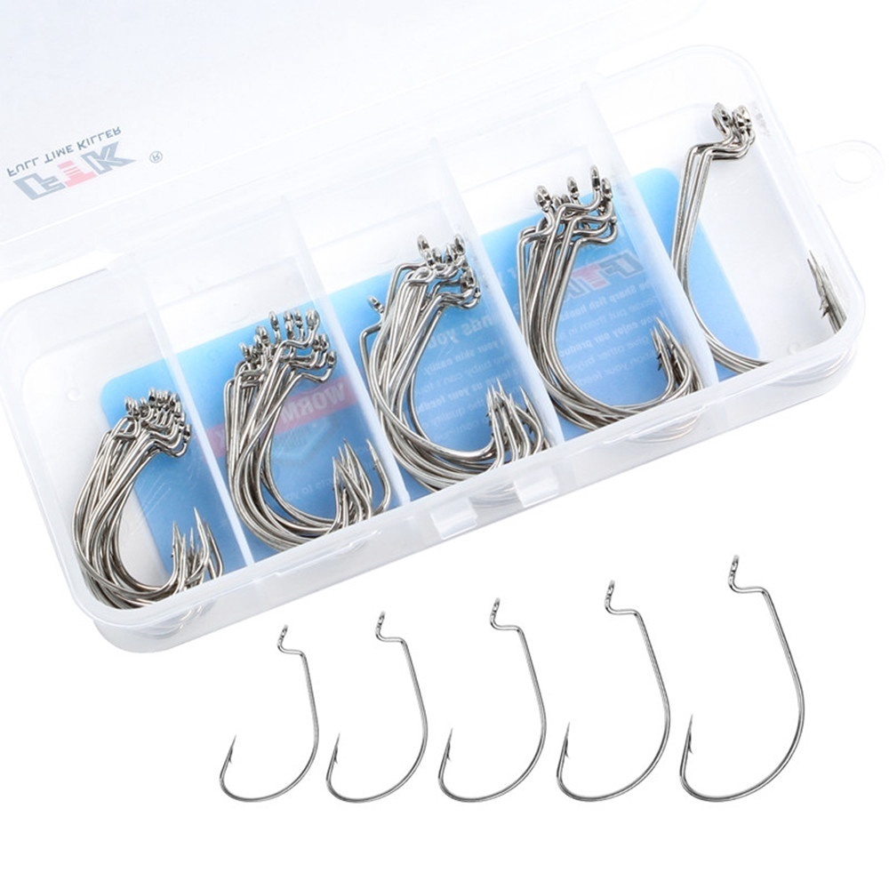 FTK 60Pcs Fishing Soft Worm Offset Hooks High Carbon Steel Lock ...