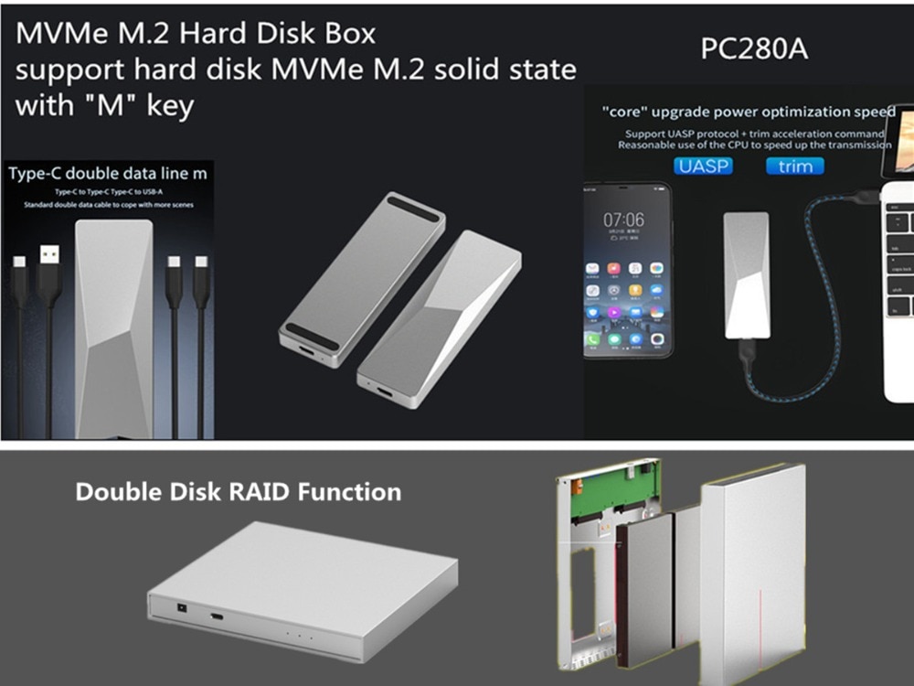 MSATA Aluminum 1.8 USB 3.0 Computer HDD and PCIE NVMe M.2 M key SSD Box ...