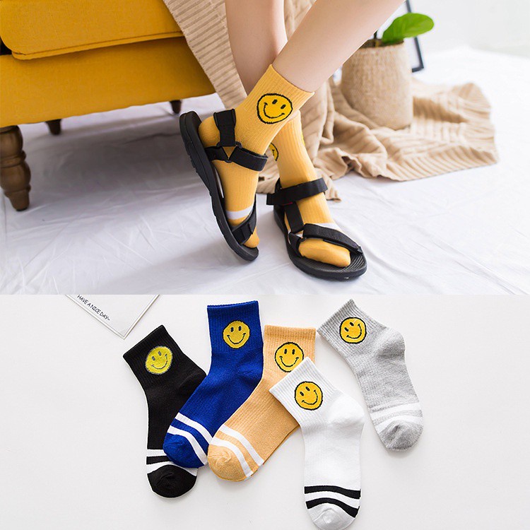 mid-calf length sock Smiley face socks women new cotton parallel bars ...