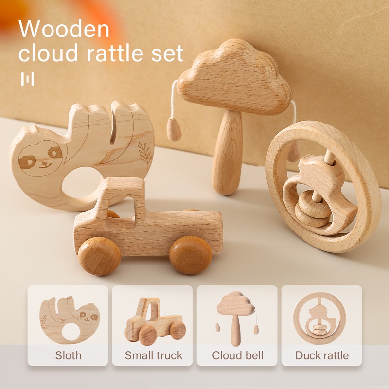 1set Wooden Rattle Beech Cloud Hand Teething Wooden Ring Baby Rattles ...