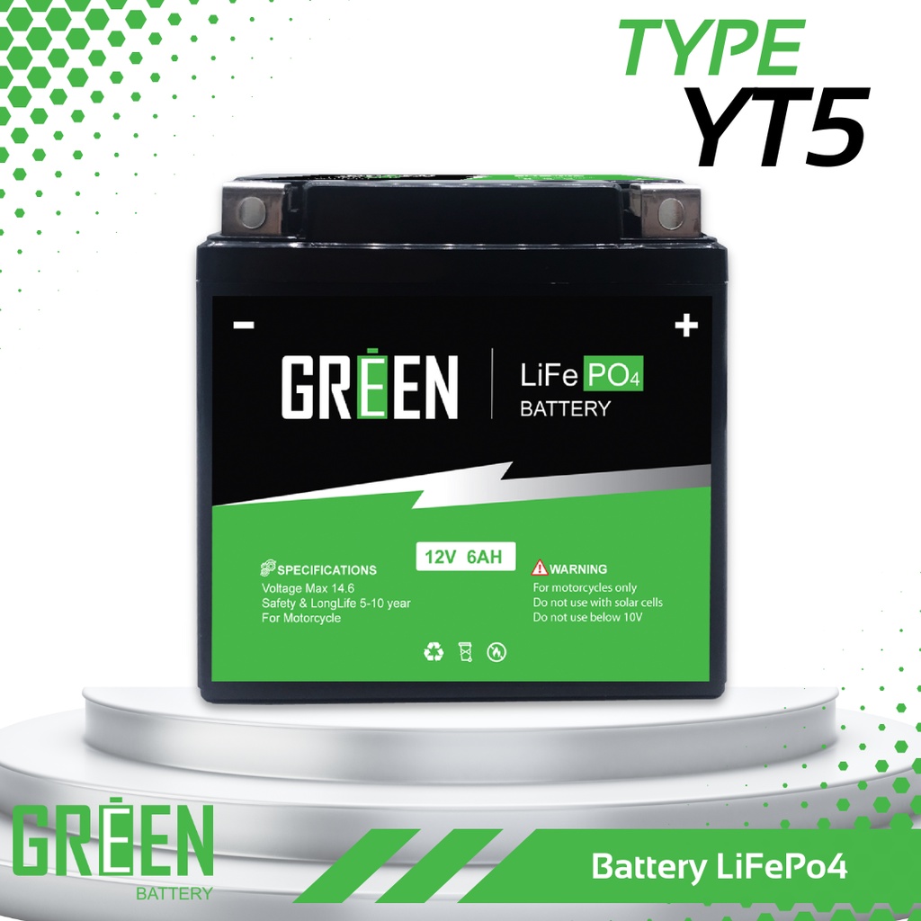 YT5 (12V 6Ah) แบตเตอรี่มอเตอร์ไซค์ LiFePo4 แบตเตอรี่ลิเธียมฟอสเฟต Green battery - greenbattery ...