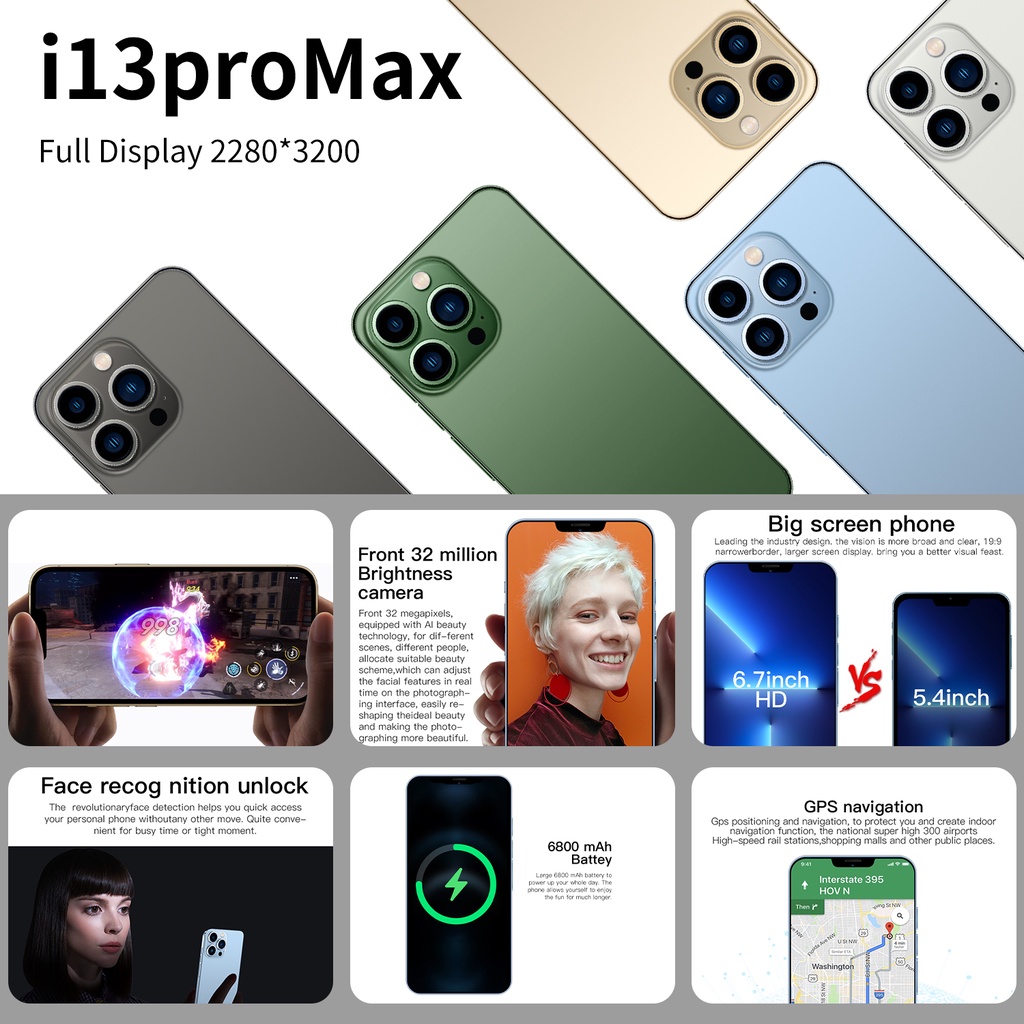 2022 Global Version i13 Pro Max 5G Smartphone 16GB 1TB 6.7 inch Cellular 10 Core Network 50MP ...