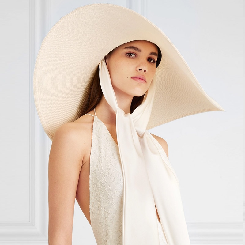 Women White 25cm OVERSIZED Sun Hat Soft Silk Ribbon Tie Wide Brim ...