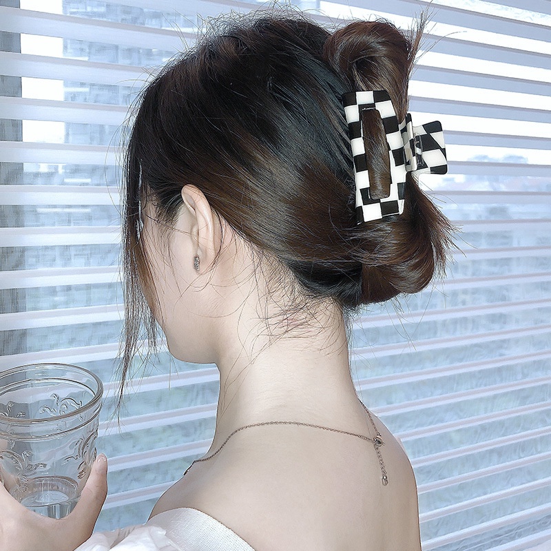 กิ๊บติดผมVintage Women Girls Acrylic Checkered Hair Claw Shark Cli ...