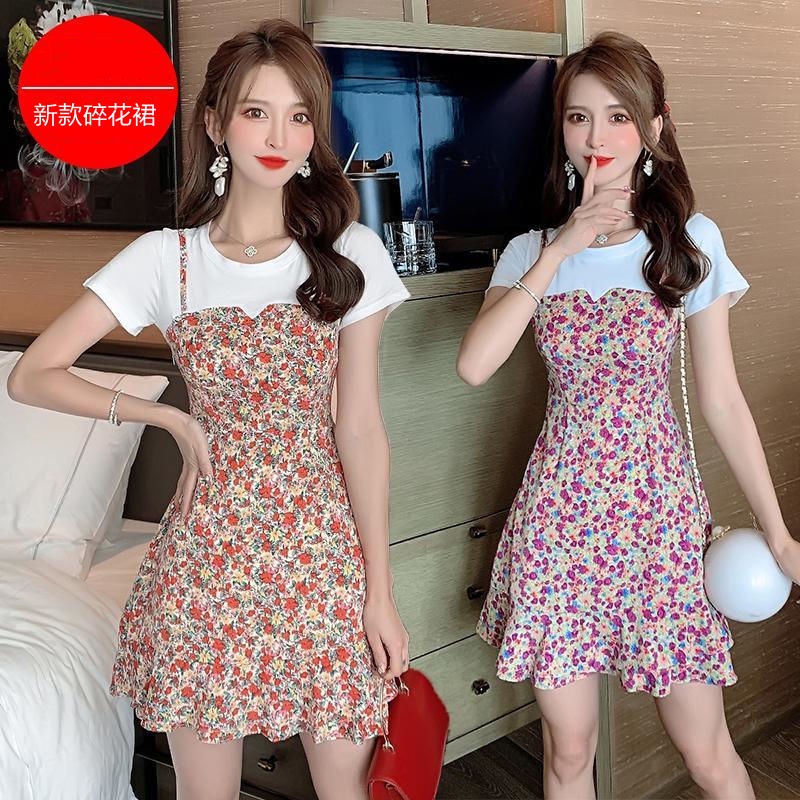 chiffon floral dress 2021 summer new small fresh fake two-piece mid ...