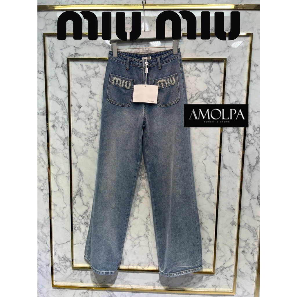 พร้อมส่ง MIU MIU DENIM กางเกงยีนส์ กางเกงขายาว ขากระบอก เนื้อผ้ายีนส์ ...