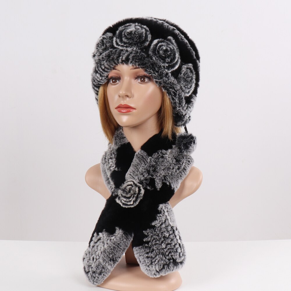2 Pieces Sets Knit Real Rex Rabbit Fur Hat Scarf Women Winter Rex ...
