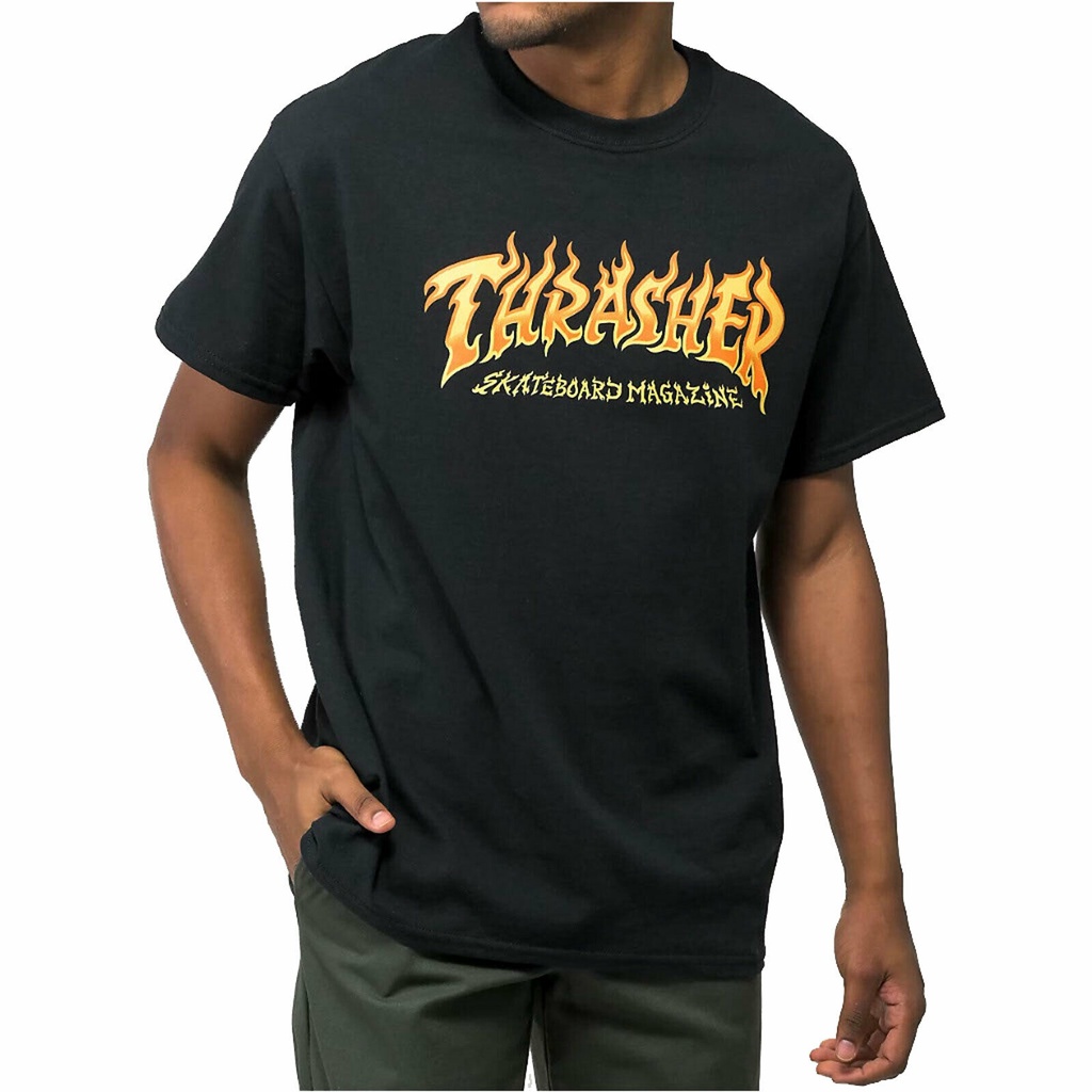 Thrasher Mens Fire Logo Short Sleeve T Shirt Black Clothing Apparel ...