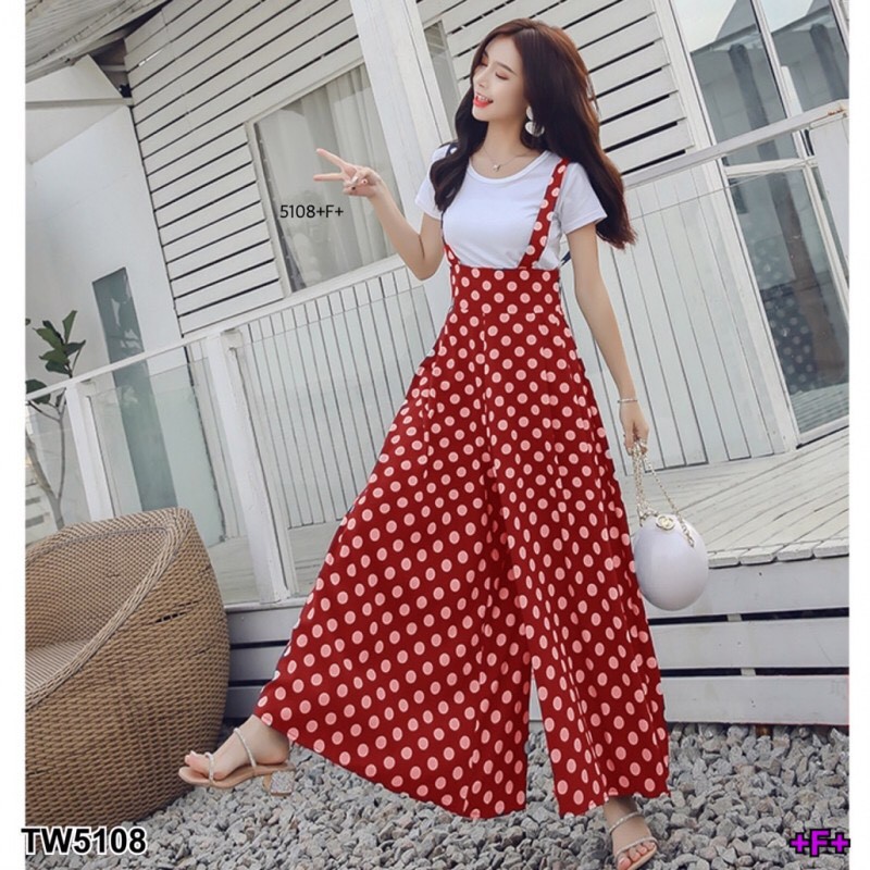 AK 5108 Set เสื้อยืดสีขาว + เอี๊ยมกางเกงลายจุด Polka Dot ...