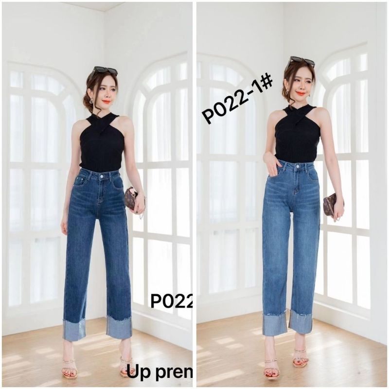 P022กางเกงยีนส์แฟชั่น(ผ้ายืด)ทรงกระบอกปายขาพับเก๋ๆแบบเรียบๆแมทง่ายเข้า ...