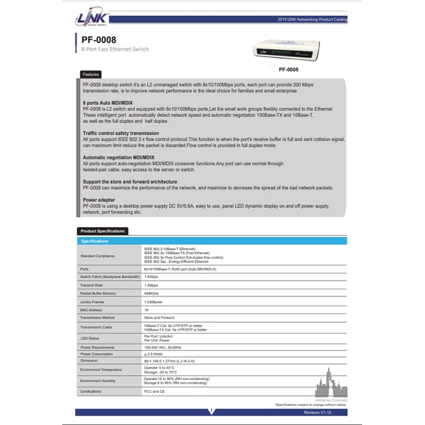 Link Unmanaged Network Switch 8-Port Fast Ethernet Switch (10100 Mbps) รุ่น PF-0008 ...