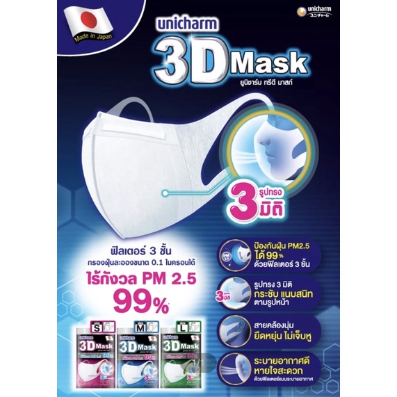 หน้ากาก Unicharm 3D กล่องละ 30 ชิ้น กัน pm2.5 กันไวรัส มี 3 ขนาด เล็ก กลาง ใหญ่ หน้ากากญี่ปุ่น ...