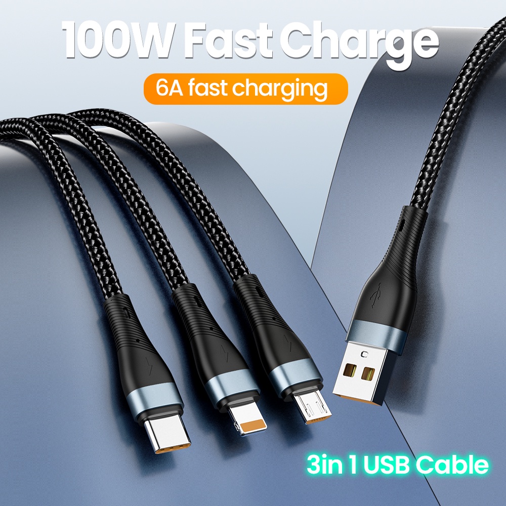 3in1 Usb Data Cable 6a 100w For Iphone 13 12 Pro 11 Fast Charger ...