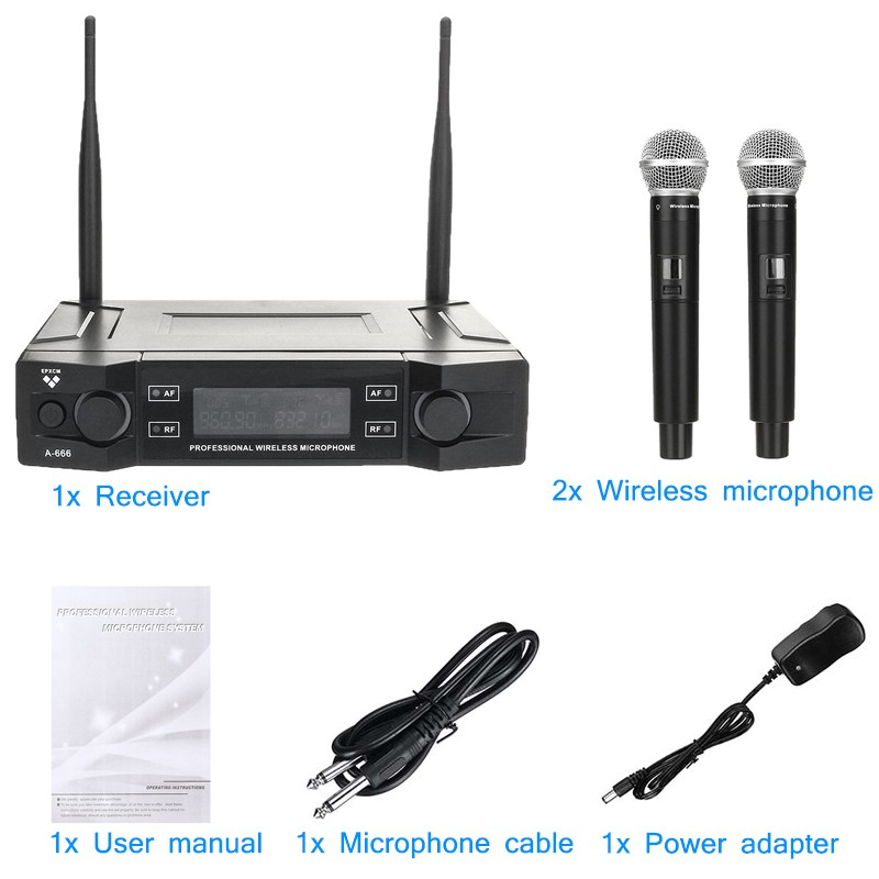 Professional UHF Wireless Microphone System 2 Channel 2 Cordless ...