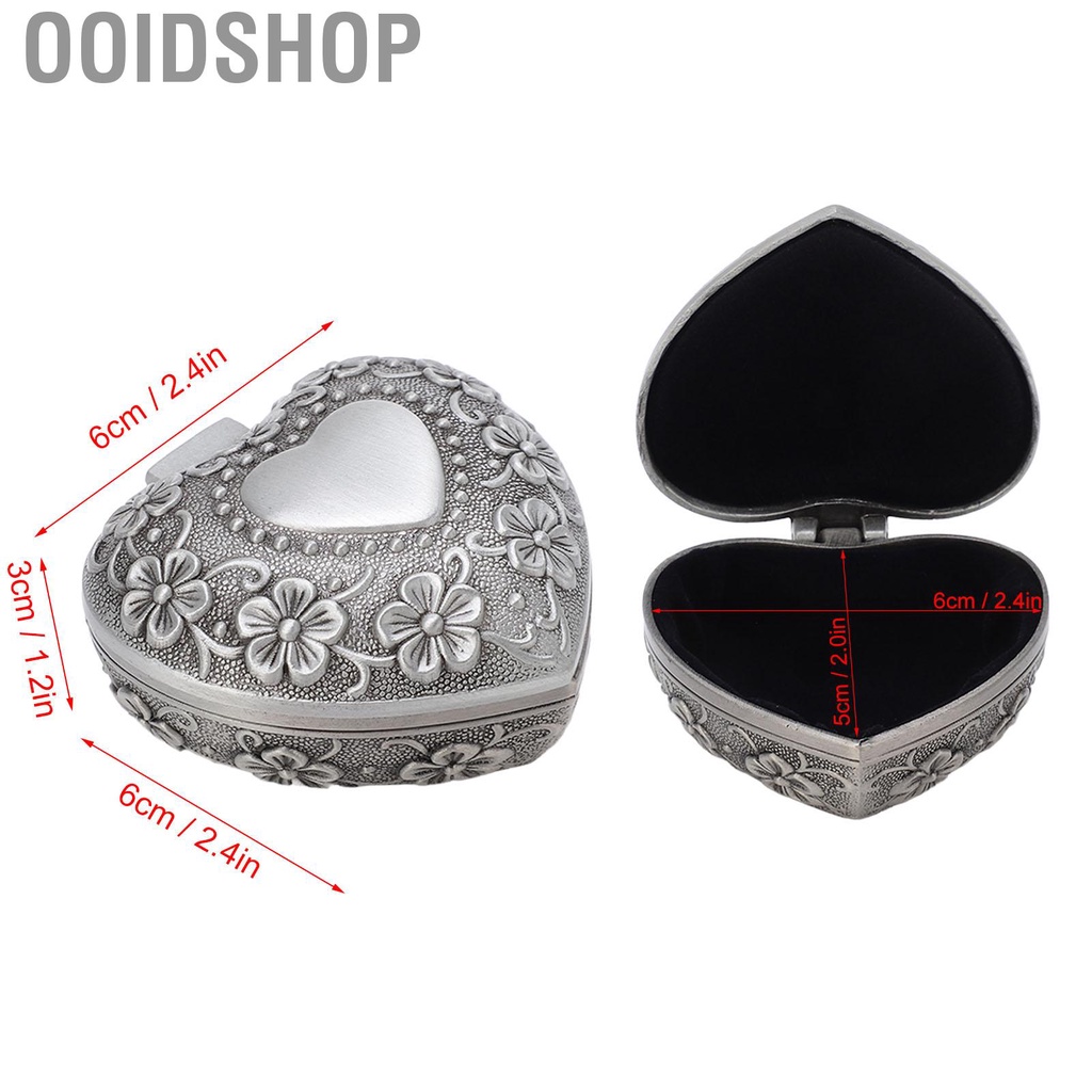 Ooidshop Heart Shaped Jewelry Box Retro Flower Carving Pattern Metal ...