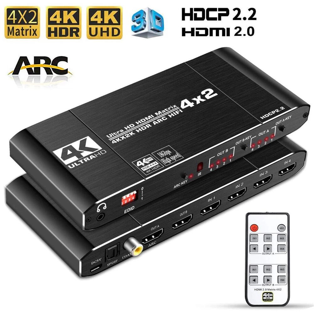 HDMI Matrix 4x2 Switch Splitter 4K@60Hz HDMI 2.0 Matrix with audio HDR ...