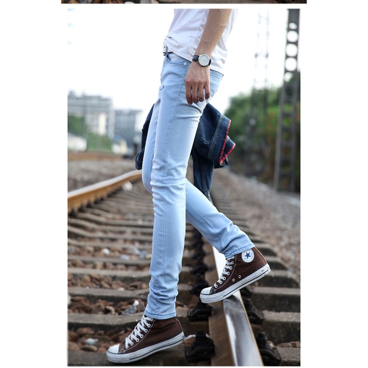 Seluar Jeans Warna Solid Lelaki Fesyen Biru Muda Lurus Kaki Denim ...