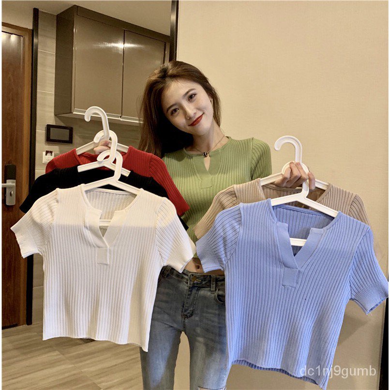 Cicishopพร้อมส่งBASIC V TOPเสื้อแขนสั้นคอวีร่องเล็ก ใส่แล้วไม่ร้อน(8899 ...