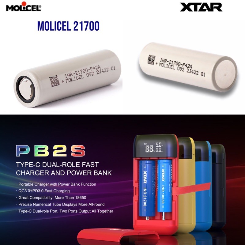 Promotion Set: XTAR PB2S & Molicel P42A INR21700 4200mah 3.6V 45A x 2 ...