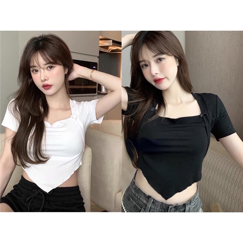 เสื้อครอปแขนสั้นผู้หญิง คอเหลี่ยม ทรงสามเหลี่ยมด้านหน้า เสื้อแฟชั่นผญ ...