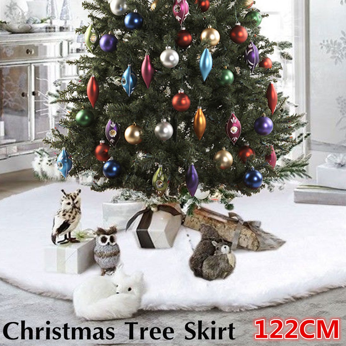 122cm Long Plush White Snowflake Christmas Tree Skirt Base Floor Mat ...