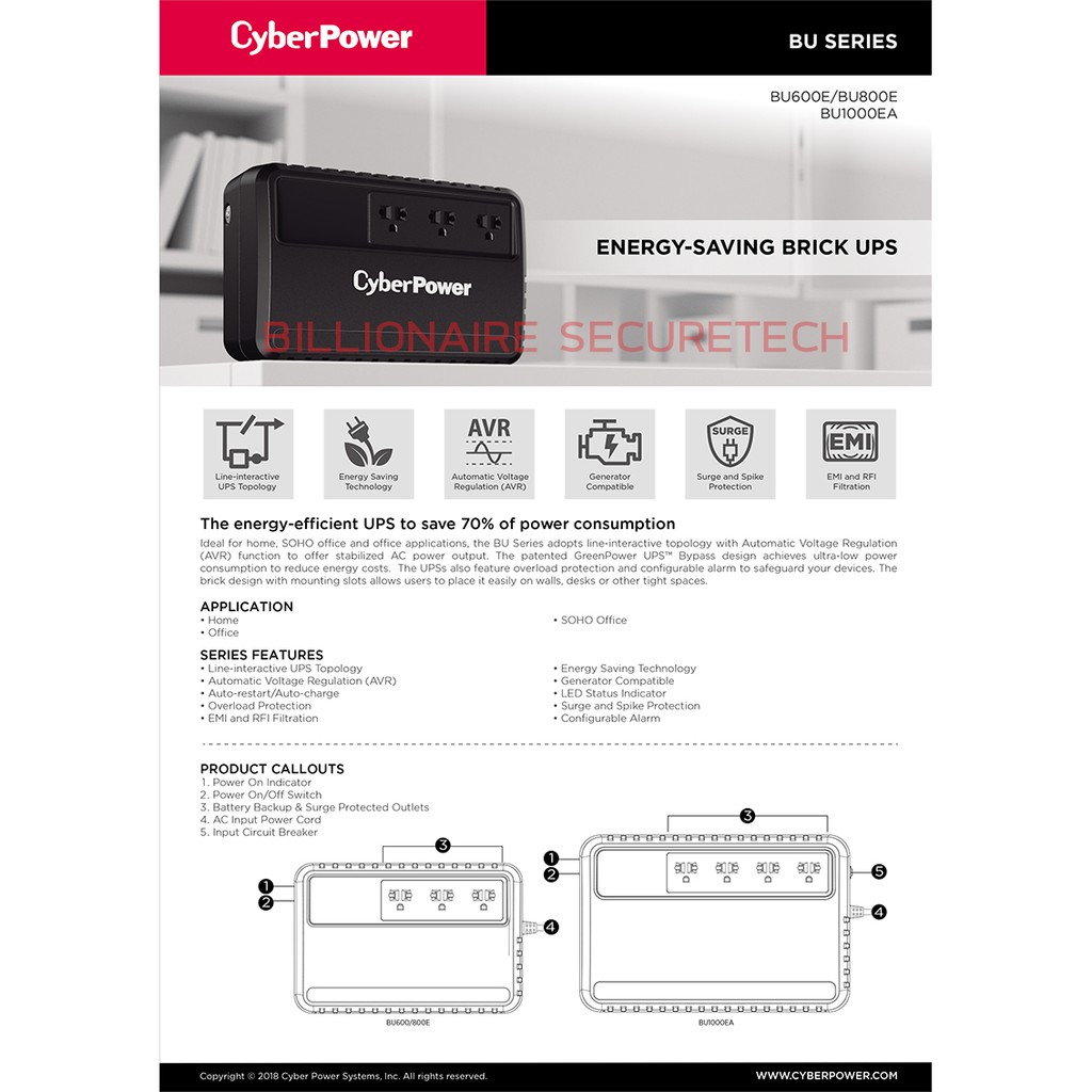 CYBERPOWER เครื่องสำรองไฟ (UPS) รุ่น BU800E-AS (800VA 480W ...