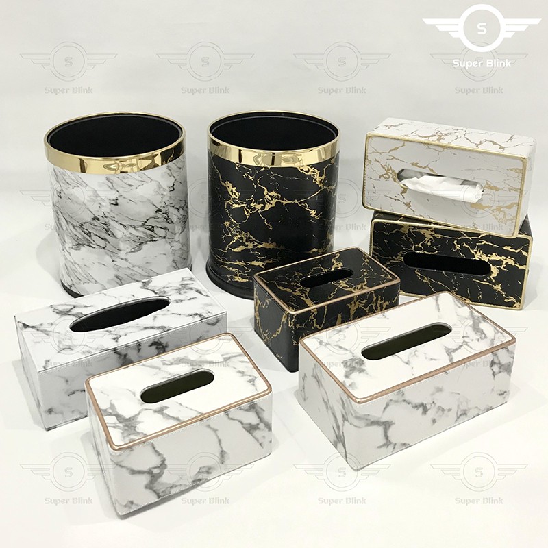 แพ็คคู่ สุดคุ้ม ถังขยะลายหินอ่อน สีดำทอง สีขาวทอง พร้อมกล่องใส่ทิชชู่ลายหินอ่อน Duo Marble ...