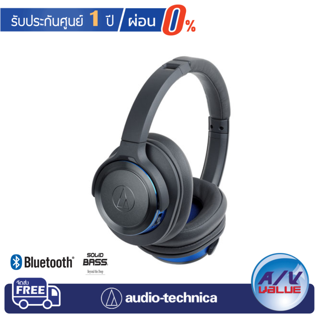 Audio-Technica Consumer ATH-WS660BT Solid Bass Wireless Over-Ear Headphones - Gunmetal/Blue ...