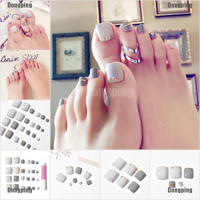 【don】24Pcs Fashion Gray Short False Fake Artificial Toe Nails Tips Toe ...