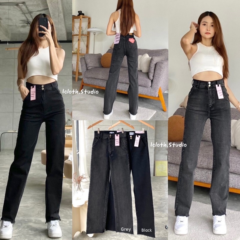 Chuu -5kg New Color️ กางเกงทรงกระบอกสีดำ เอวสูง แต่ง 2 กระดุม สวยเท่ห์มาก - icloth.studio - ThaiPick