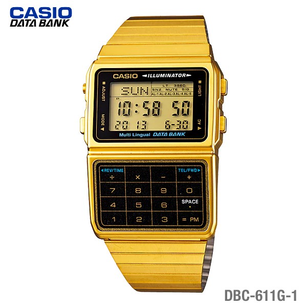Casio DATA BANK นาฬิกาข้อมือเครื่องคิดเลข สายสแตนเลสสีทอง รุ่น DBC-611G ...