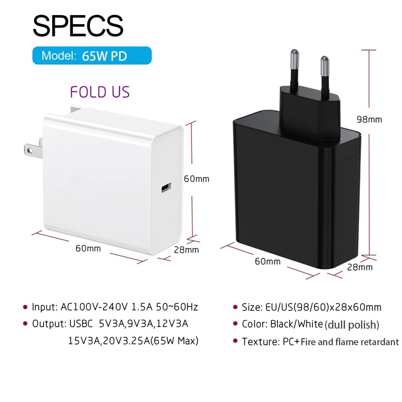 65W 20V 3.25A USB Type C PD Charger USB C Power Laptop Adapter for Macbook Pro 12 13 Huawei ...