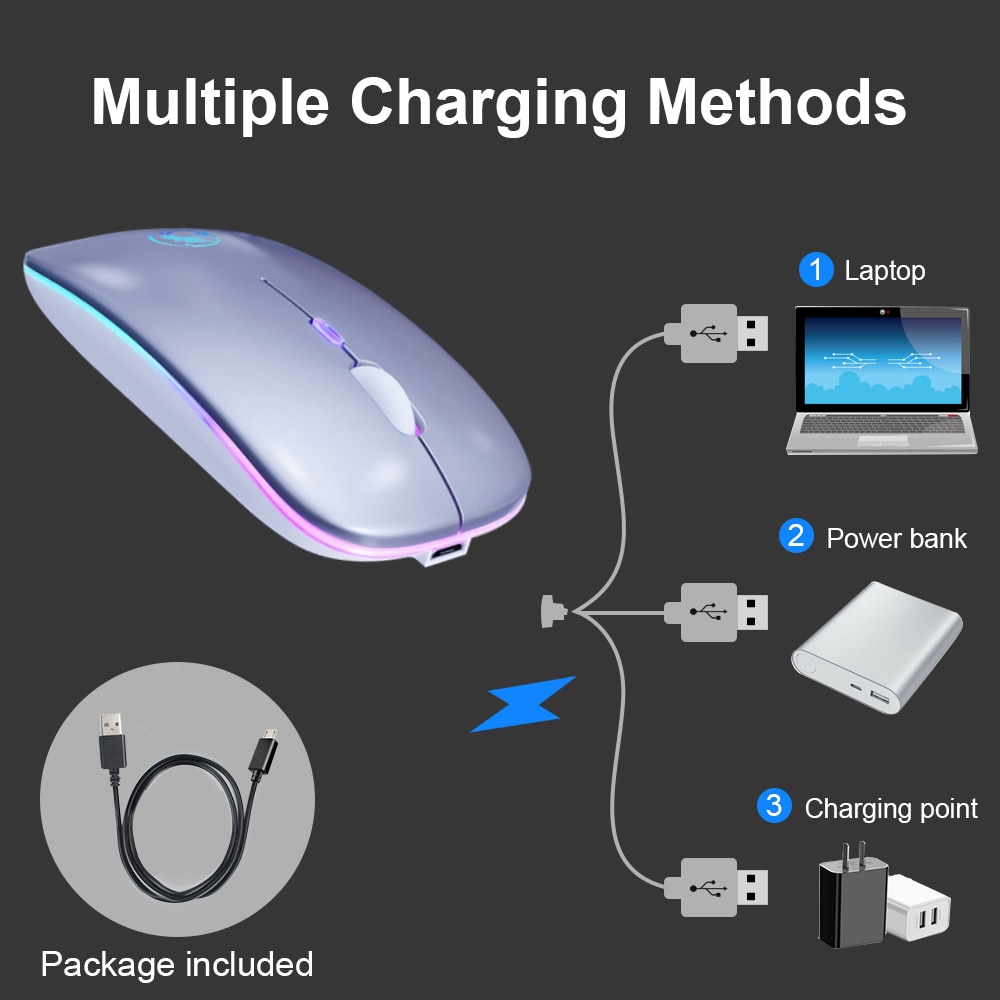 Wireless Mouse Bluetooth Mouse RGB Rechargeable Computer Mouse Wireless ...