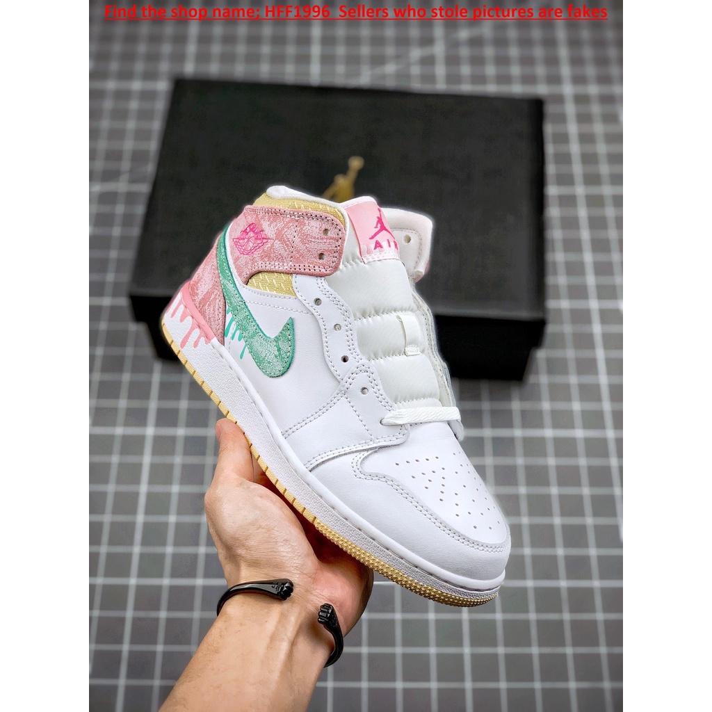 (FF)(HFF1996) รองเท้าบาสเก็ตบอล Air Jordan 1 Mid White Pink ...
