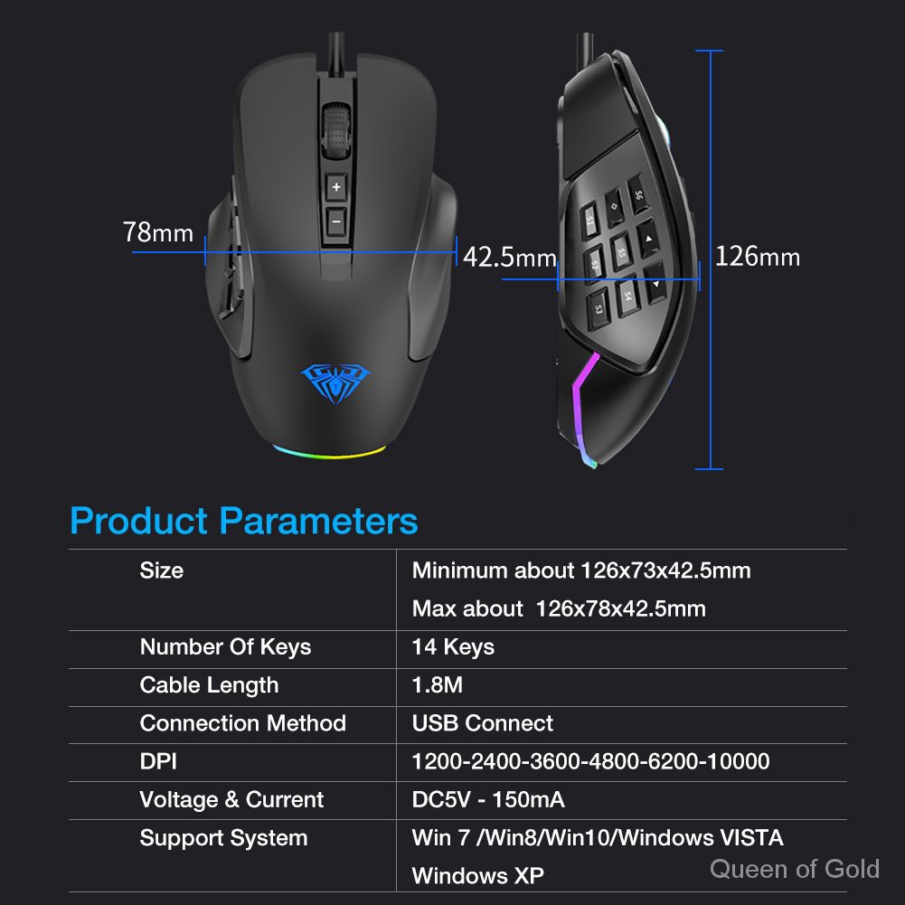 AULA H510 RGB Gaming Mouse Wired 10000 DPI Side Buttons Macro ...