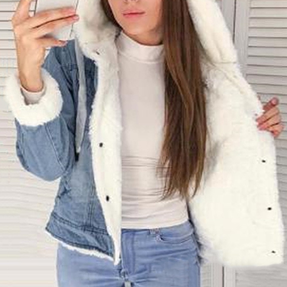 2020 New Women Denim Jacket With Fur Winter Jeans Warm Hooded Velvet
