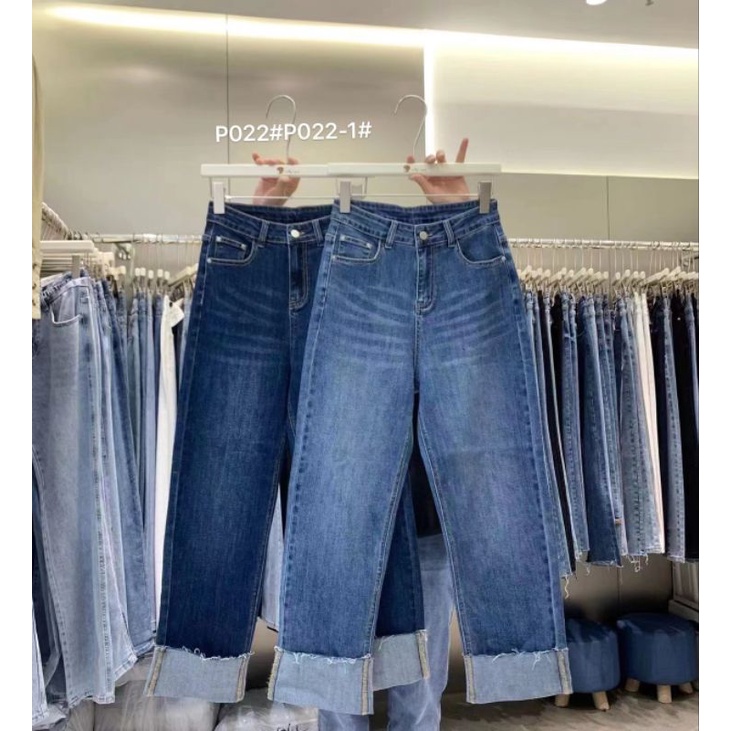 P022กางเกงยีนส์แฟชั่น(ผ้ายืด)ทรงกระบอกปายขาพับเก๋ๆแบบเรียบๆแมทง่ายเข้า ...