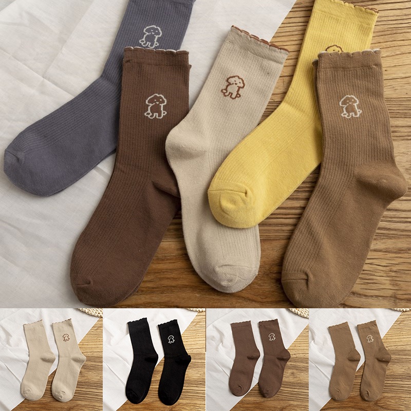 ถุงเท้าผ้าฝ้ายถัก ลายสุนัขน่ารัก สีพื้น สําหรับผู้หญิง 1 แพ็ก OUYOU ...