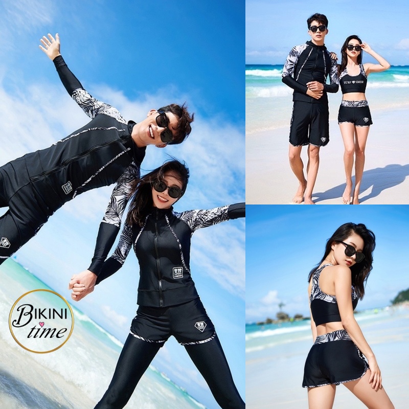 BikiniTime (M-4XL) SB205 ชุดว่ายน้ำ ชุดดำน้ำ ชาย-หญิง แขนยาวขายาวพร้อมฮู้ดกันแดด สีดำขาวลายใบไม้ ...