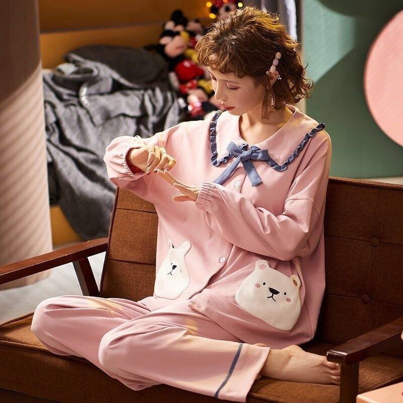 ชุดนอน ชุดนอนด้าย New Style Cotton Pajamas Womens Spring And Autumn