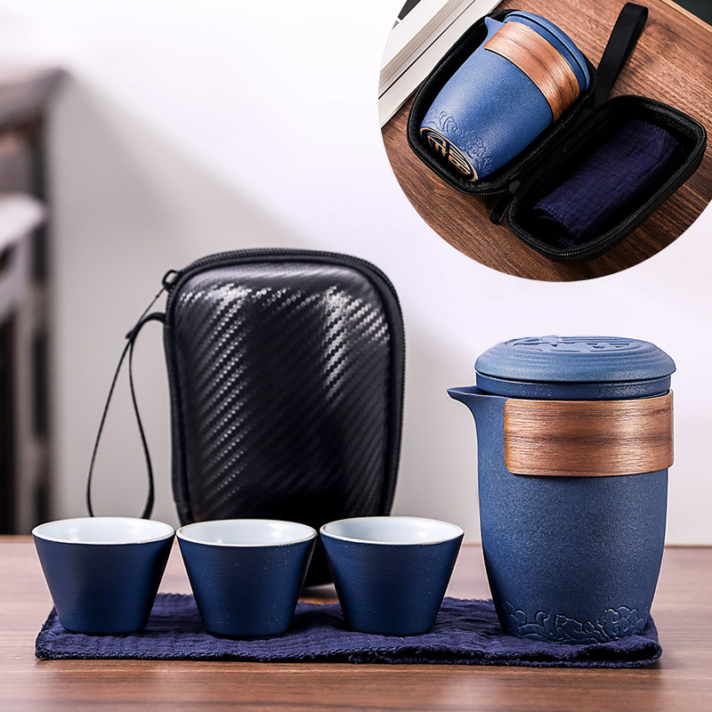 Black Ceramic Mug Three Cup Portable Travel Tea Set - ma24ubg5ya - ThaiPick