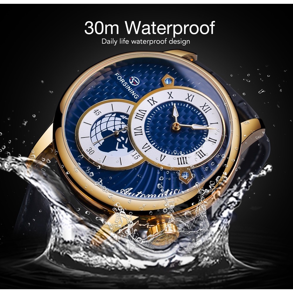 Forsining Hemisphere นาฬิกาข้อมืออัตโนมัติ สายหนังวัวแท้ หน้าปัดเรืองแสง กันน้ํา สีฟ้า สีดํา ...