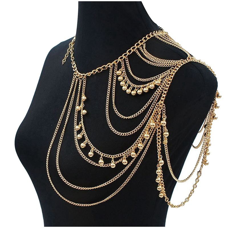 Gold Tone Harness Multilayer Body Chain with Bells Necklace Love Rocks ...